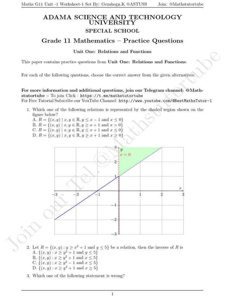 Grade 11 Maths Worksheet: Relations & Functions | PDF | Function ...
