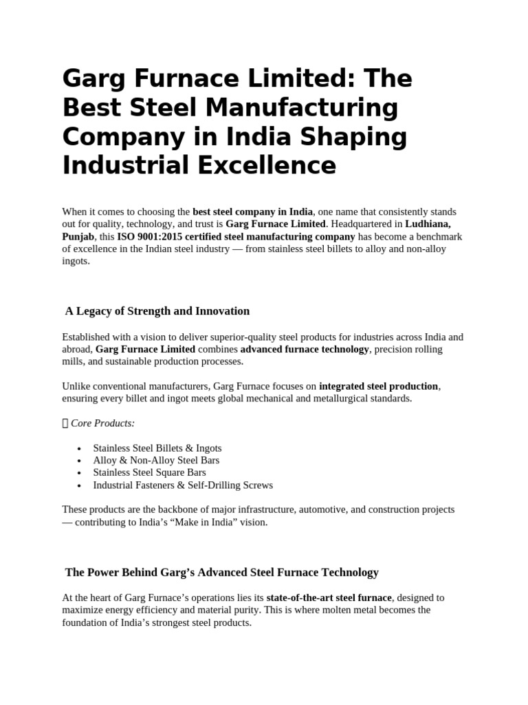 Garg Furnace: Leading Steel Innovator in India | PDF | Steel | Steelmaking