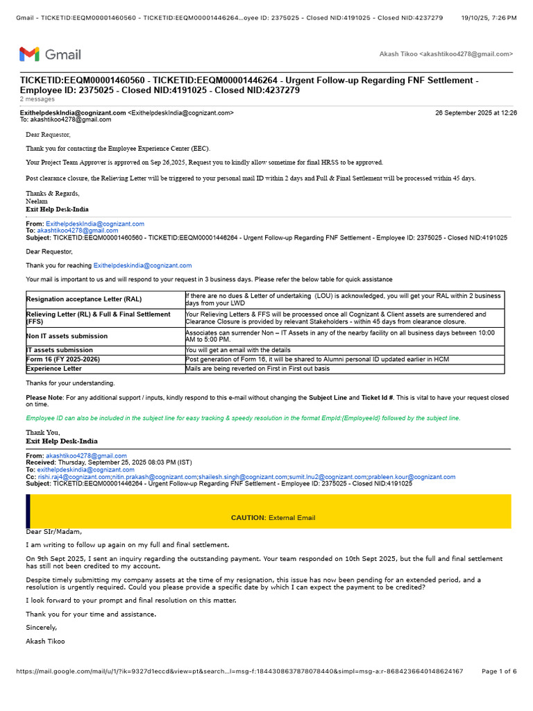 Urgent FNF Settlement Follow-Up Email | PDF | Email Address | Gmail