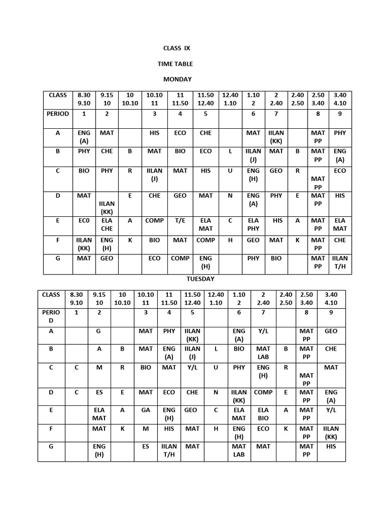 Class IX Weekly Timetable | PDF