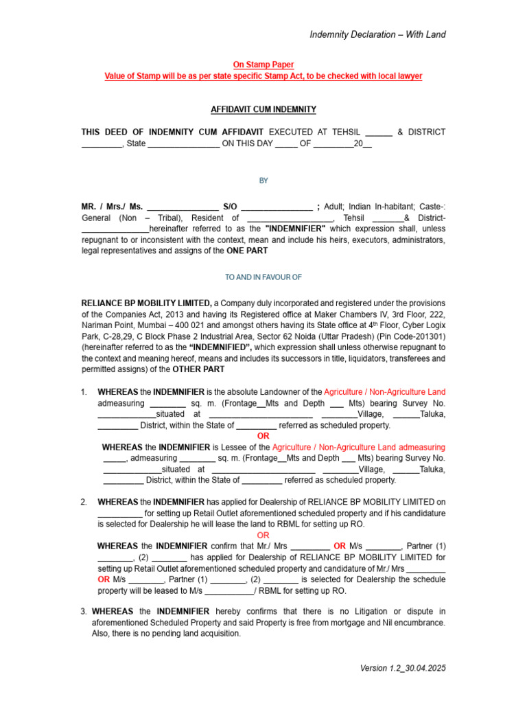 Indemnity Declaration for Land Dealership | PDF | Indemnity | Bribery
