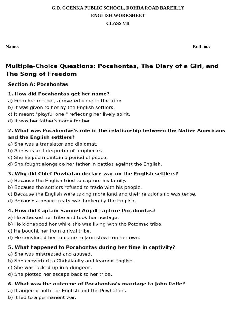 Class VII English Worksheet: Pocahontas, Anne Frank, Freedom | PDF ...