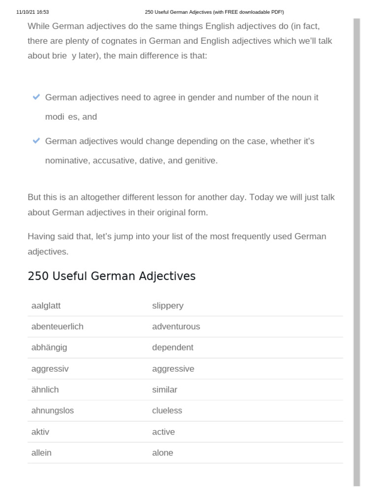250 Essential German Adjectives List | PDF | Linguistics | Semantic Units