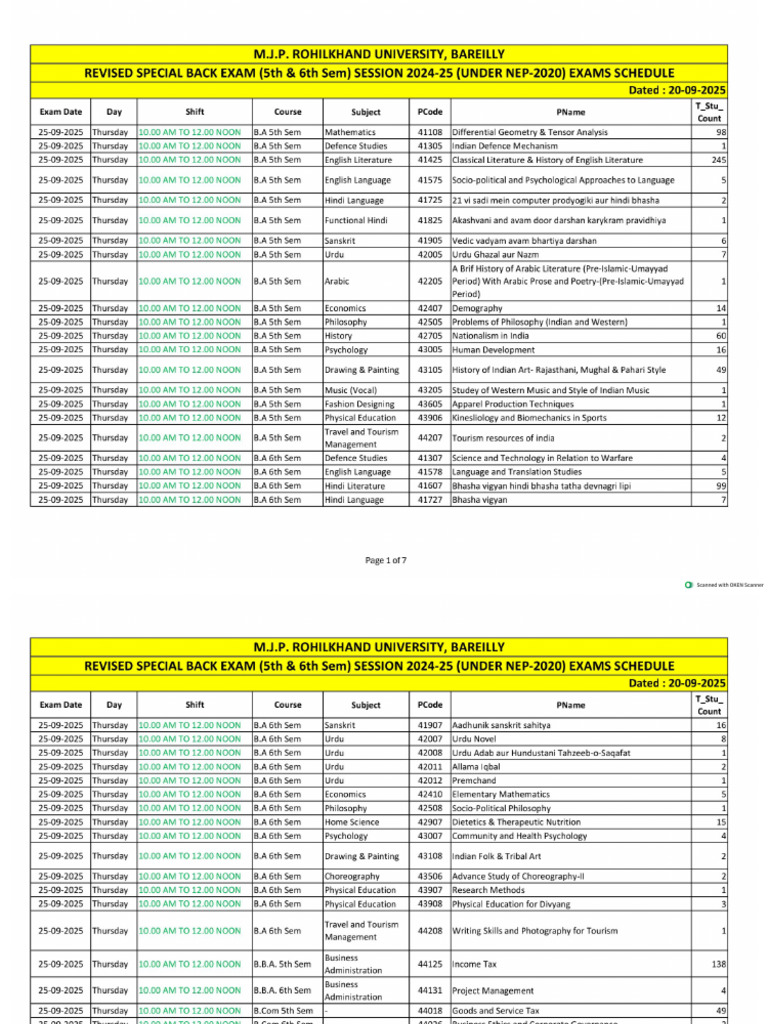 SP Back Nep 2020 Ug Exam Schedule 2025-1 | PDF