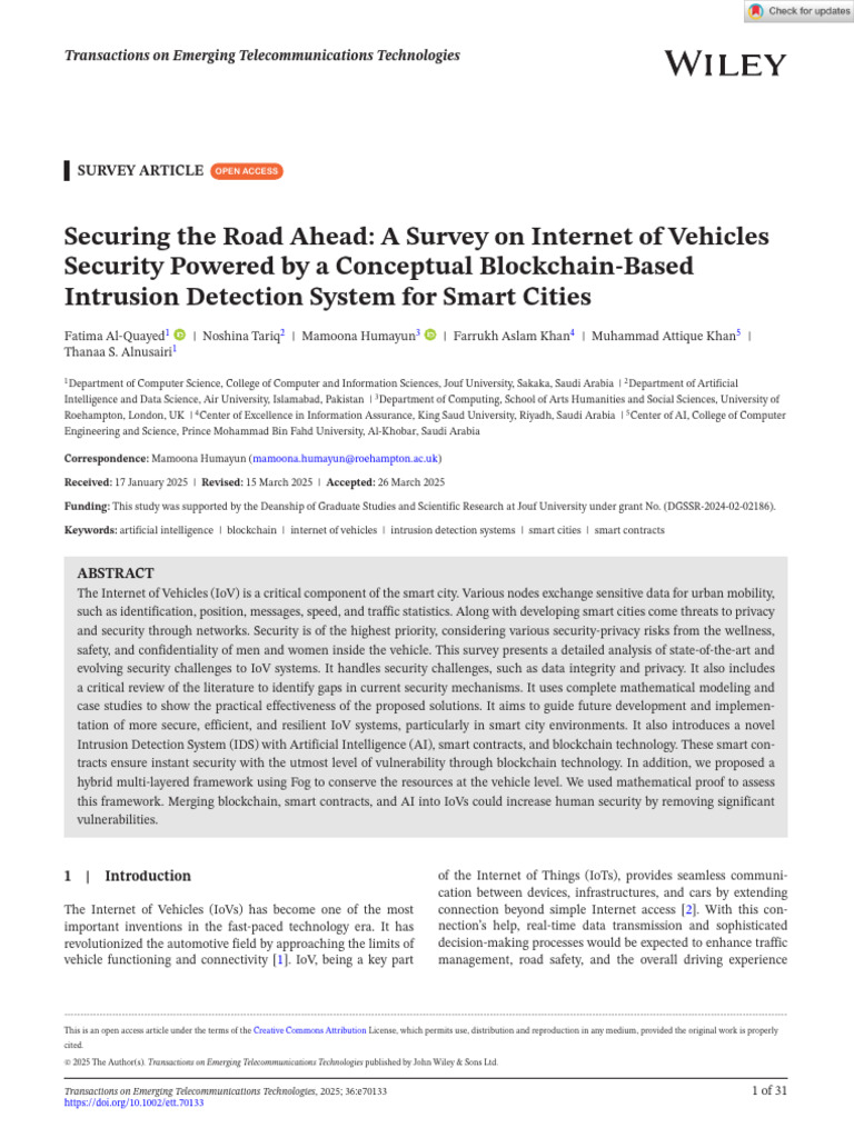 Transactions On Emerging Telecommunications Technologies - 2025 - Al Quayed - Securing The Road ...