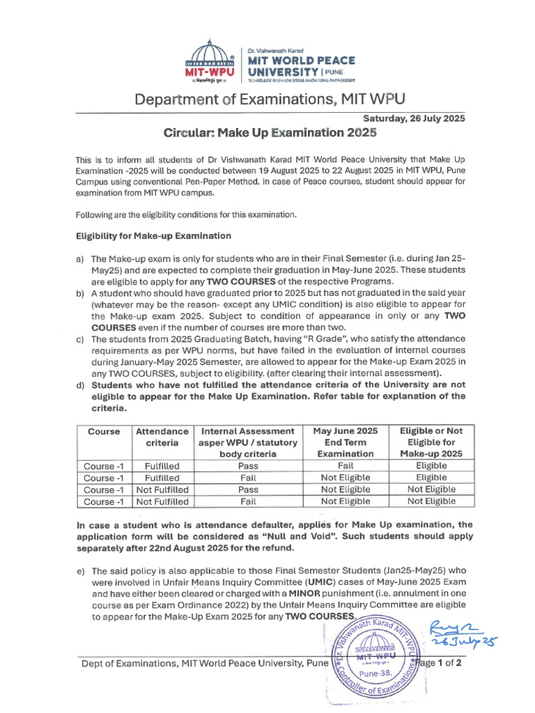 Circular - Make Up Examination 2025 | PDF