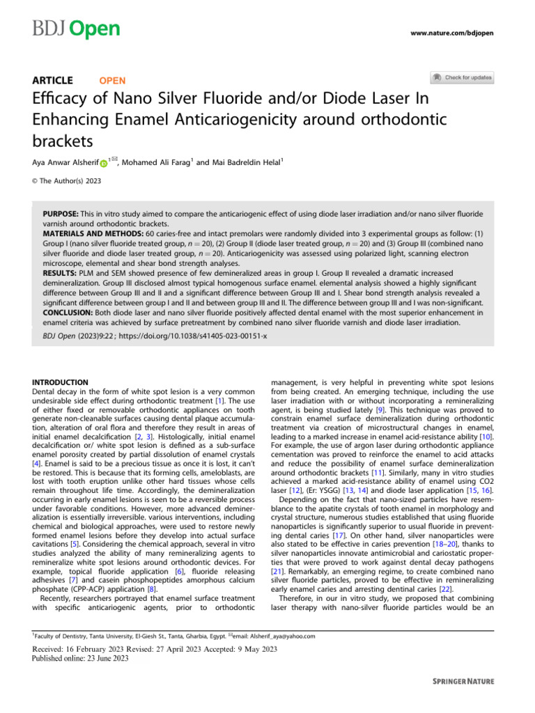 Efficacy of Nano Silver Fluoride Andor Diode Laser in Enhancing Enamel ...