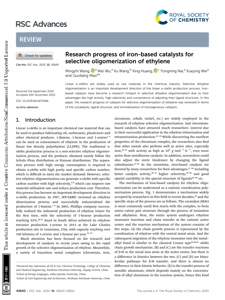 Research Progress of Iron-Based Catalysts For Selective Oligomerization ...