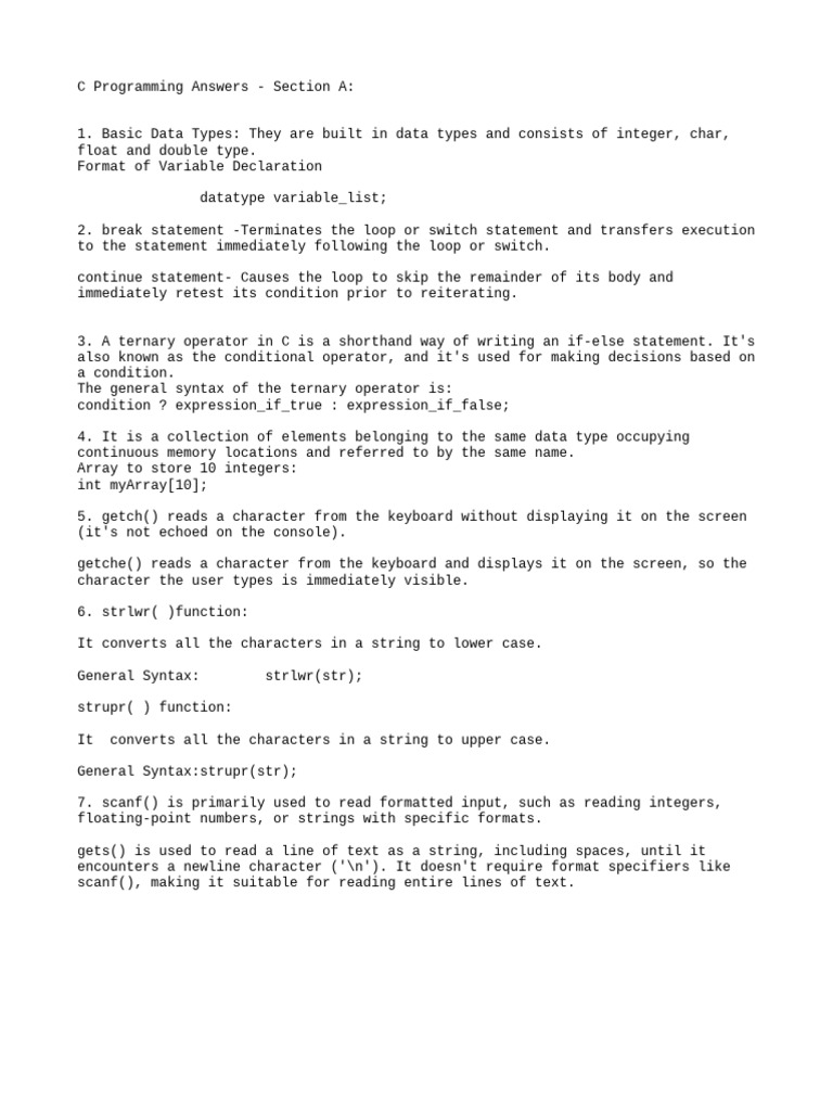 C Programming Answers - Section A | PDF
