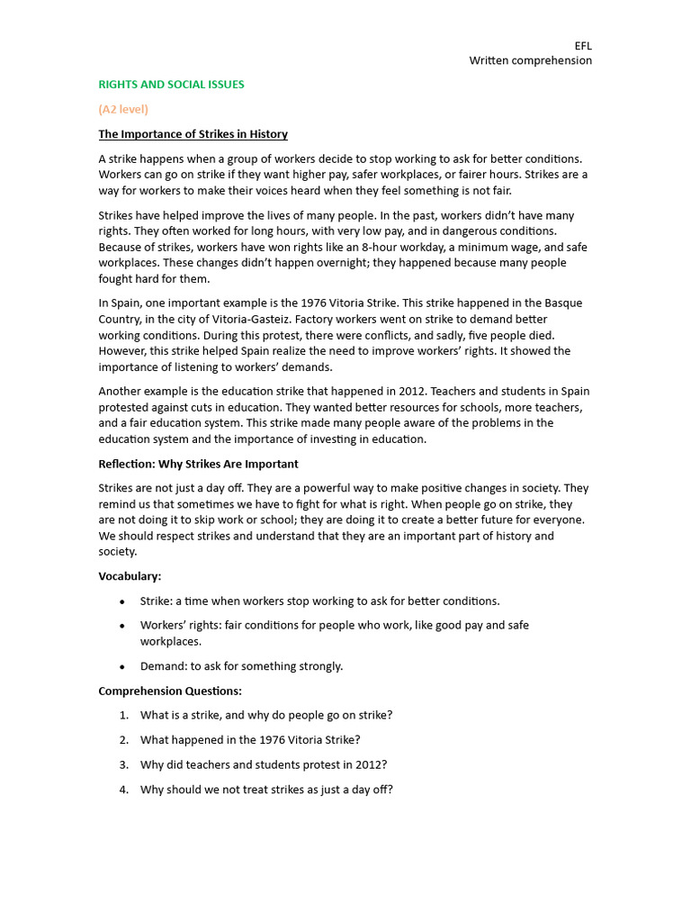 Rights and Social Issues, Strikes - Reading Compr. | PDF | Strike ...