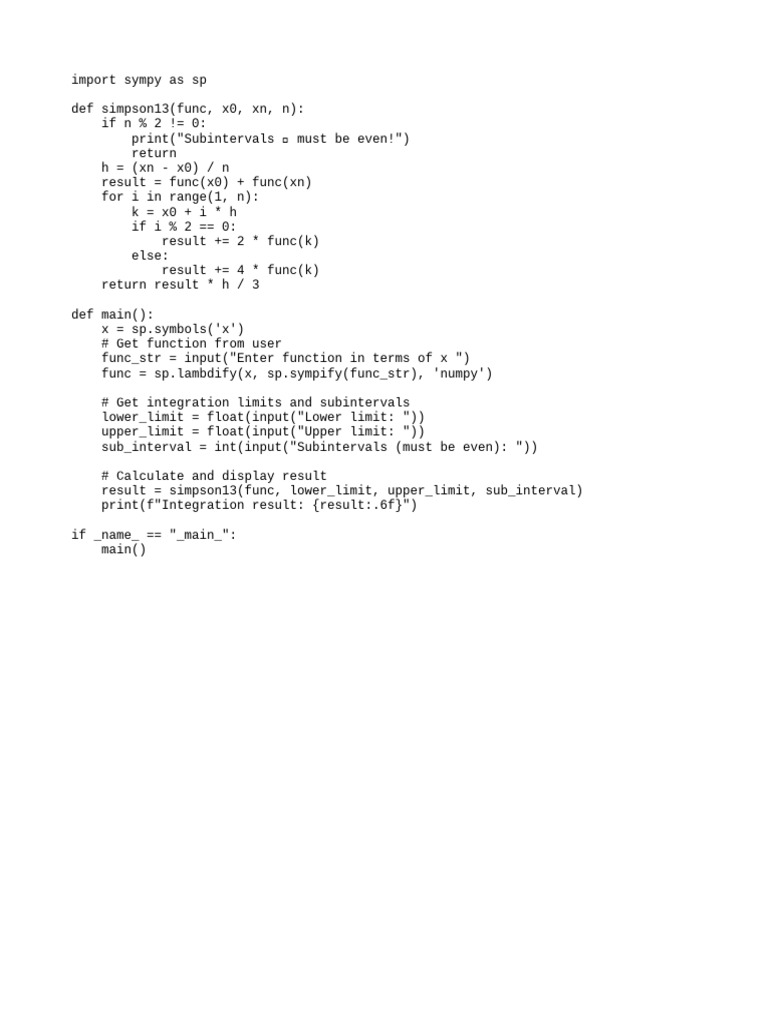 Simpson's 1/3 Rule Integration Code | PDF