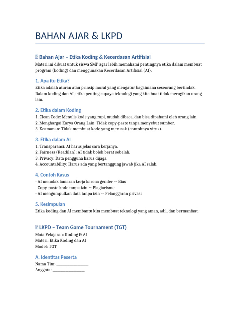 BAHAN AJAR LKPD Etika Koding AI SMP | PDF