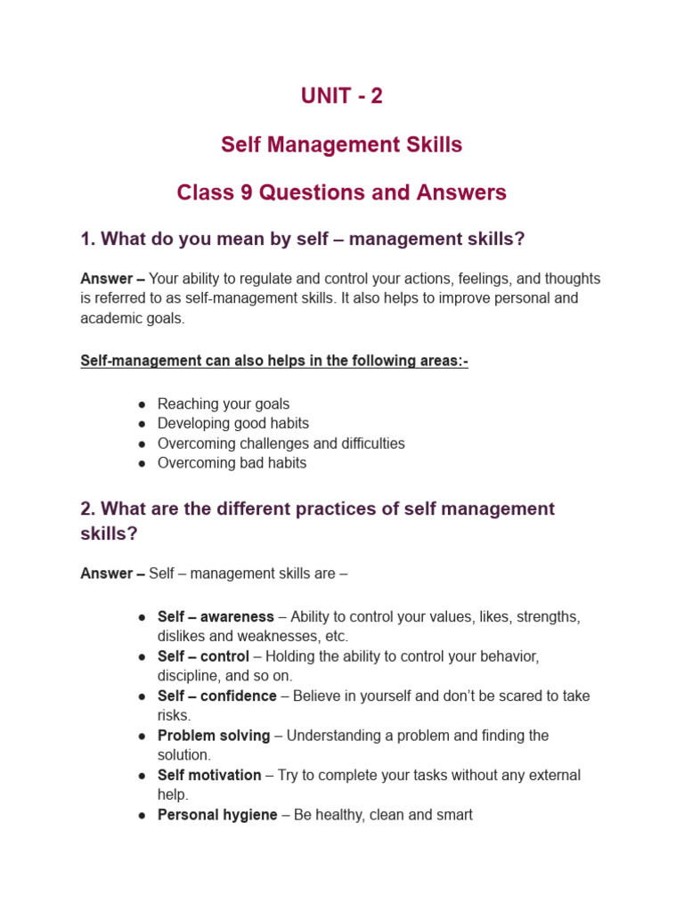 Unit - 2 Self Management Skills | PDF | Goal | Psychology