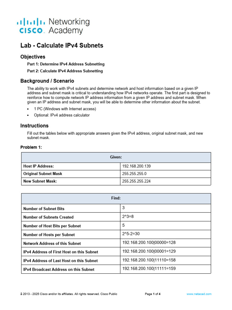 11.6.6 Lab - Calculate IPv4 Subnets | PDF | Ip Address | Internet Standards