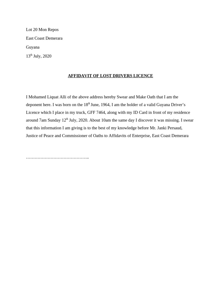 Affidavit for Lost Driver's License | PDF