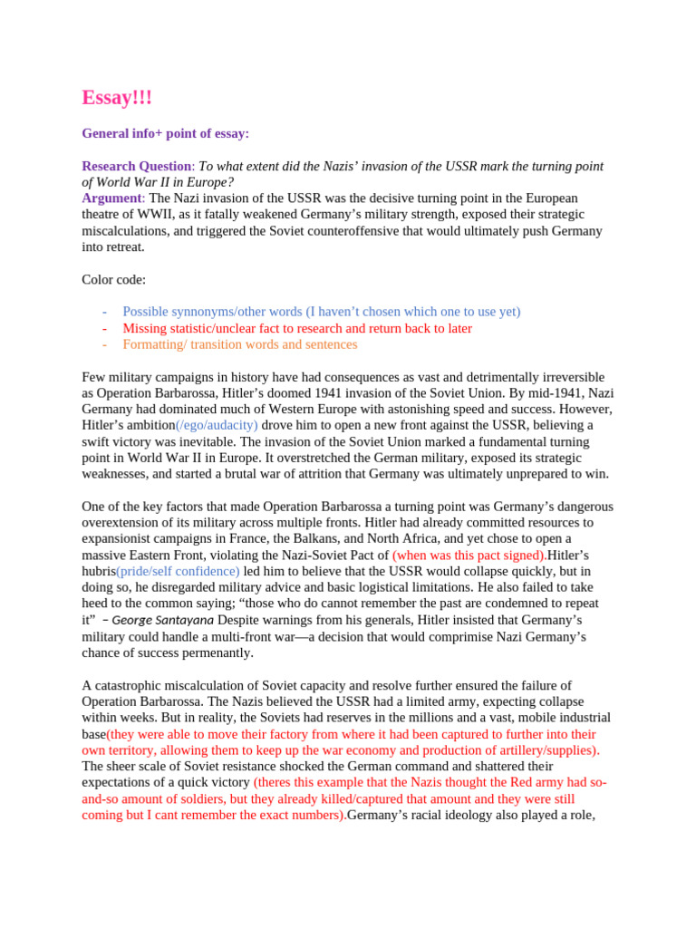 Operation Barbarossa Essay Draft 1 | PDF | Nazi Germany | Operation Barbarossa