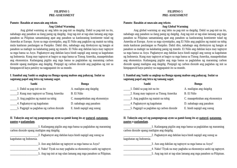 Pre Assessment FILIPINO 5 | PDF