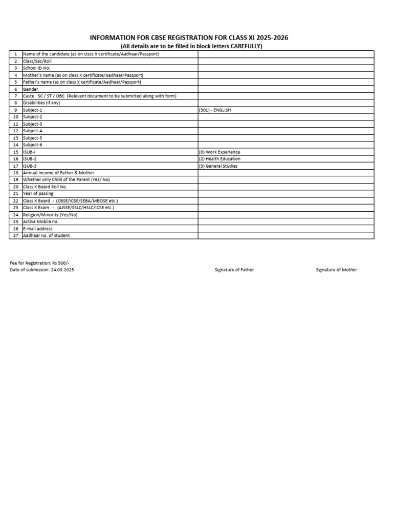 XI Registration Form 2025-26 | PDF