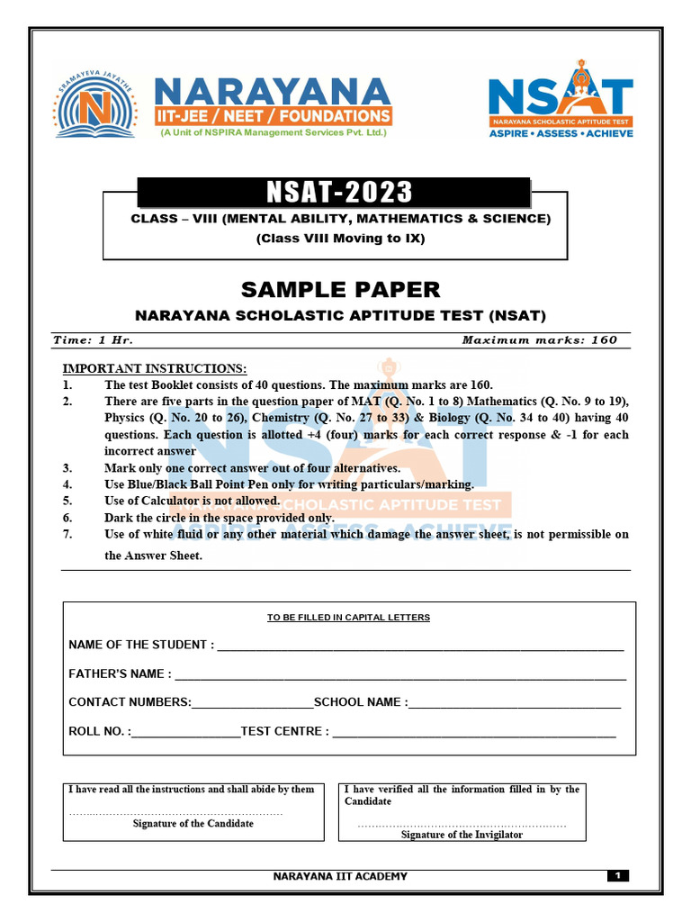 NSAT 2023 Sample Paper for Class VIII | PDF | Force | Combustion