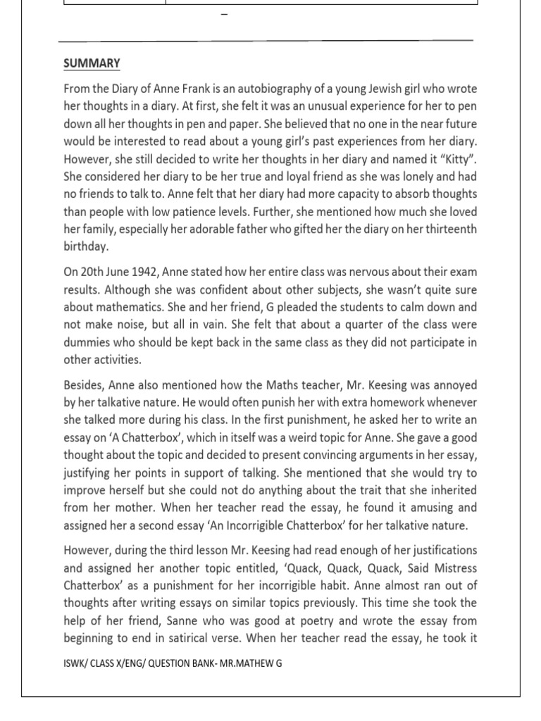 Class X English Question Bank: Anne Frank | PDF | Anne Frank