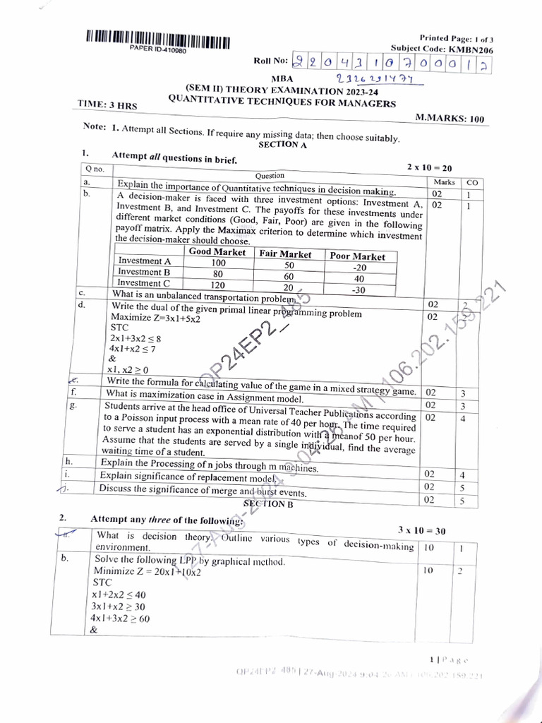 Aktu Mba 2023-24 Kmbn206 | PDF | Applied Mathematics