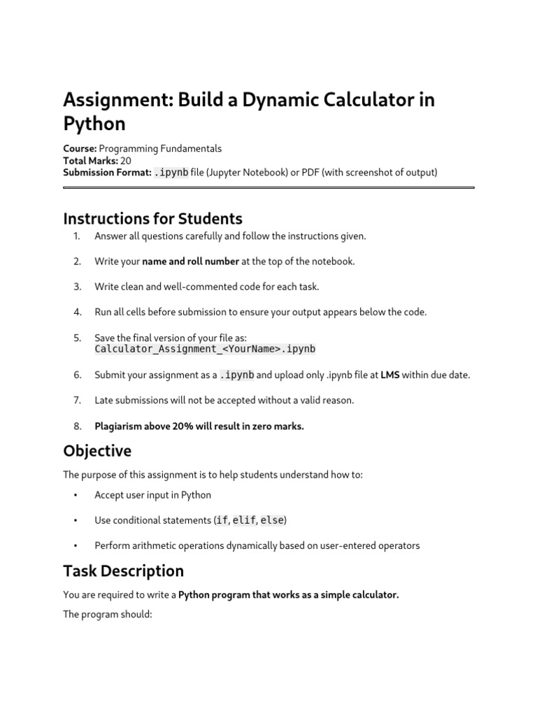 Dynamic Calculator Assignment | PDF | Python (Programming Language ...