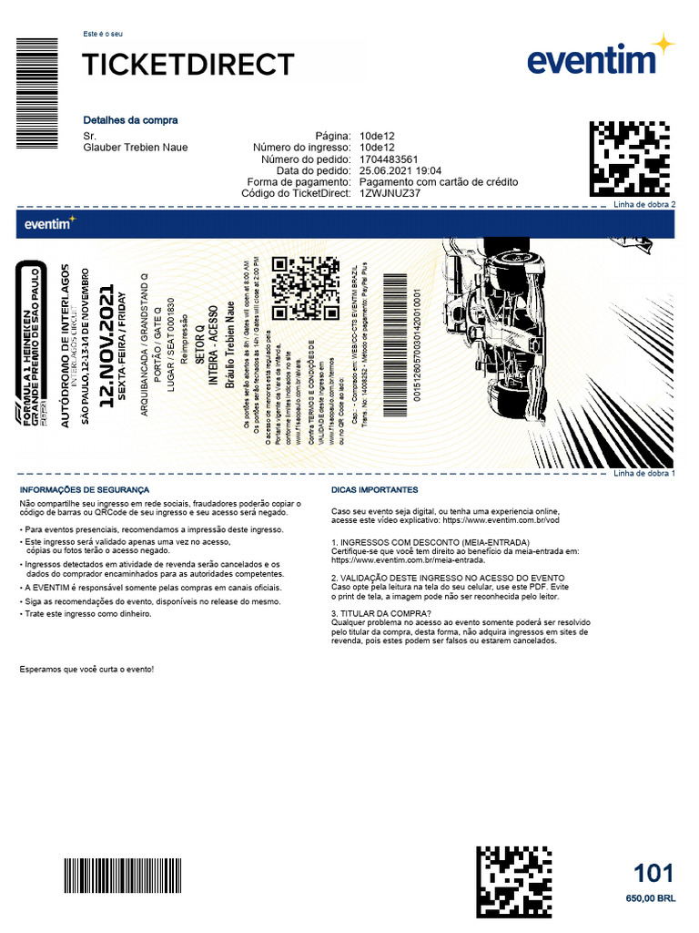Ticket Formula 1 Glauber | PDF | Código QR | Informática