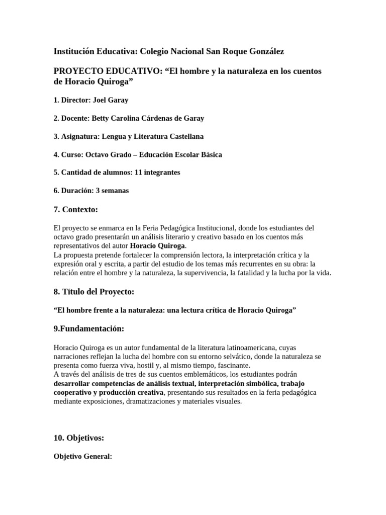Proyecto Educativo sobre Horacio Quiroga | PDF | Comprensión lectora ...