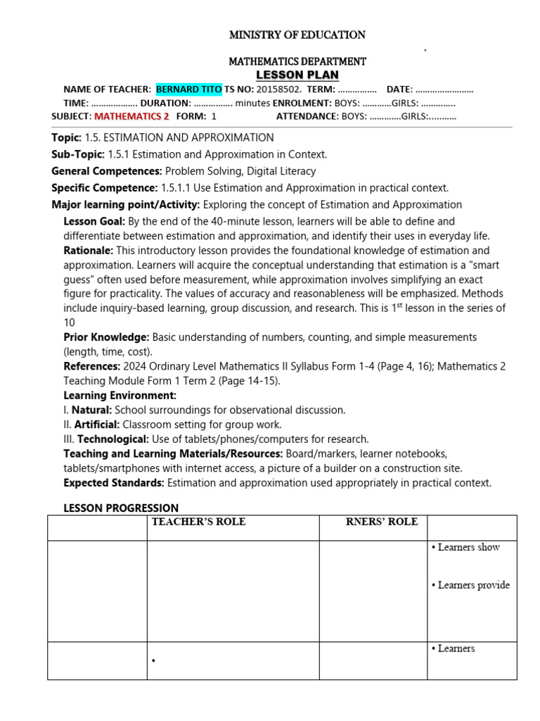 Estimation and Approximation Mathematics 2 Form 1 Lesson Plans | PDF ...