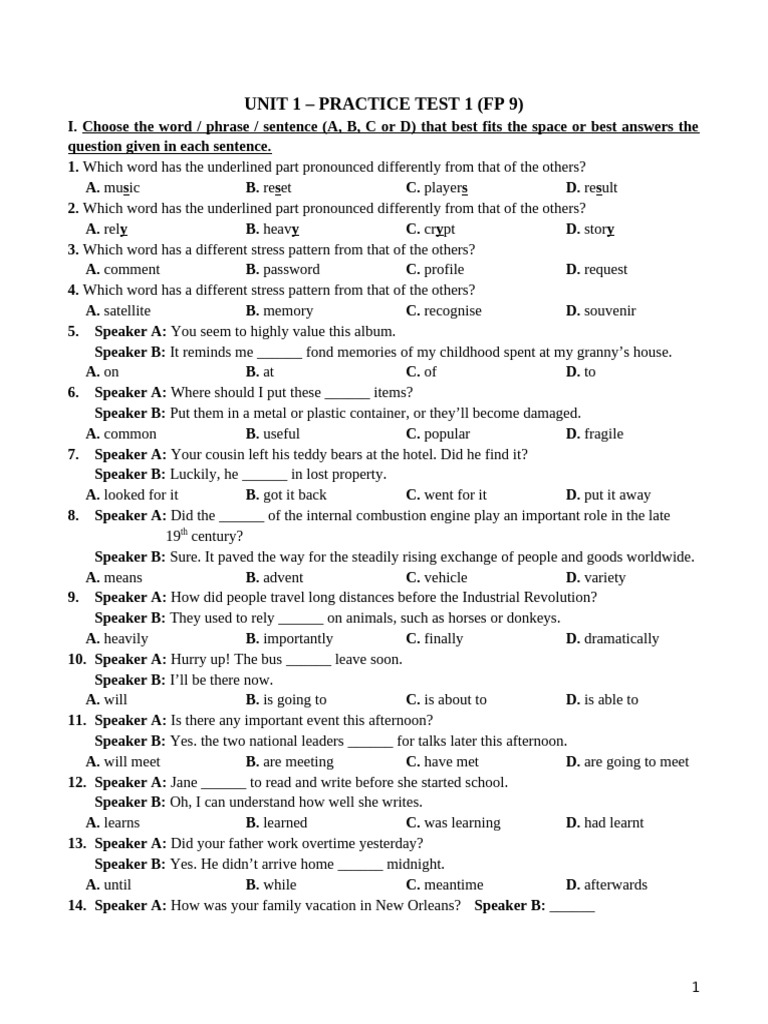 Unit 1 Practice Test 1-FP9 | PDF