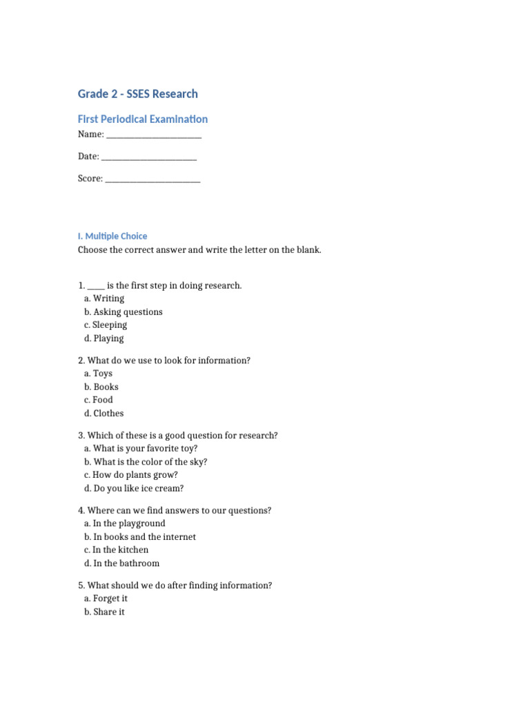 Grade 2 Research Skills Assessment | PDF | Multiple Choice | Question