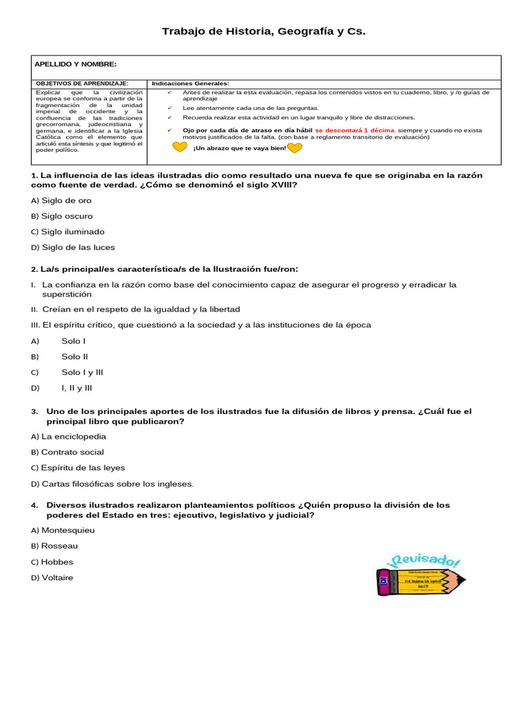 Prueba de Historia 8vo | PDF | Separación de poderes | Era de iluminacion