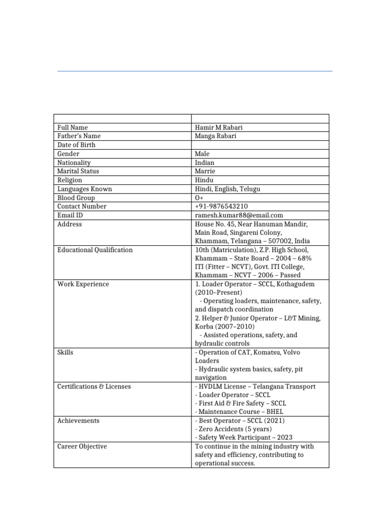 Loader Operator Resume Tabular | PDF
