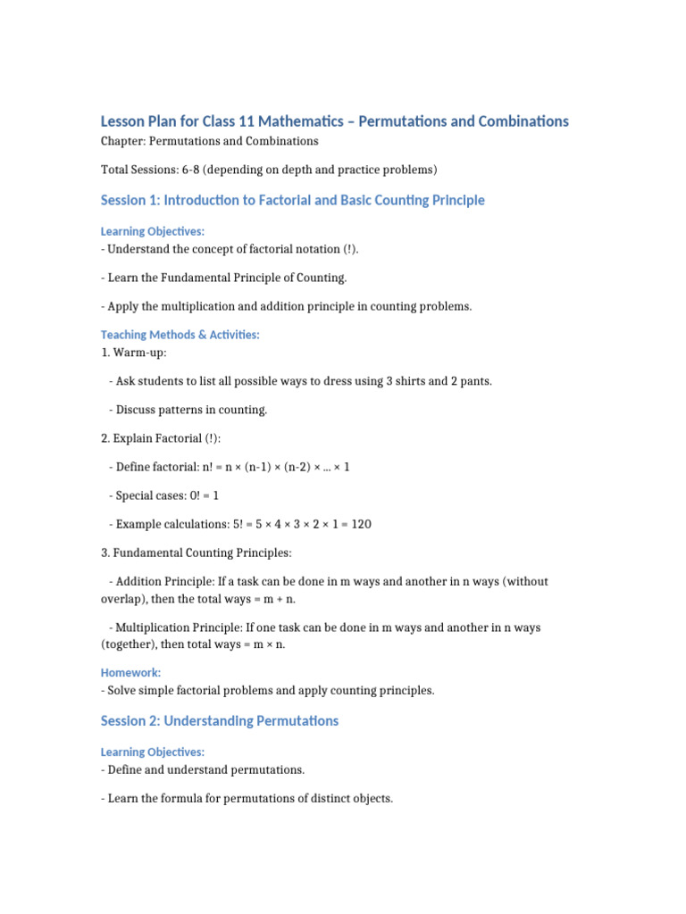 Permutation and Combination Lesson Plan | PDF | Permutation ...