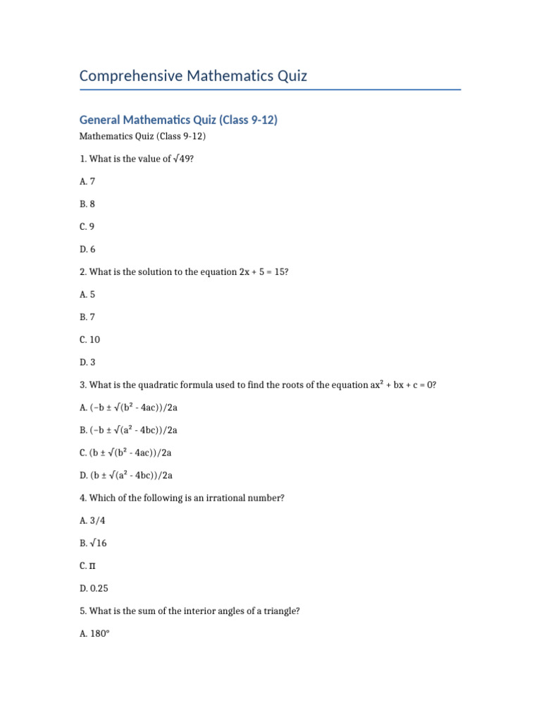 Mathematics Quiz for Grades 9-12 | PDF | Mathematics | Numbers