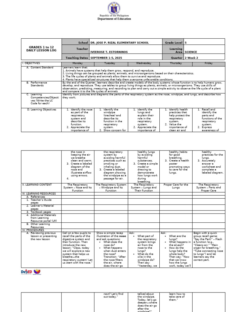 Grade 5 Science Daily Lesson Log | PDF | Breathing | Lung