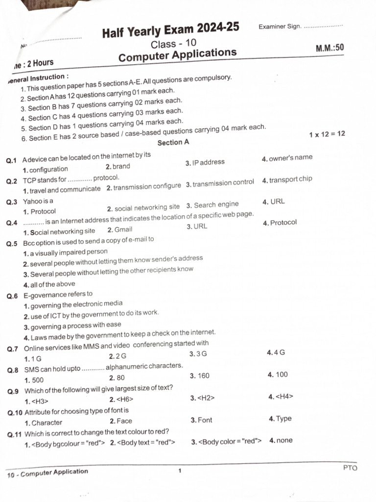 Computer Sa 1 Previous Year Paper | PDF