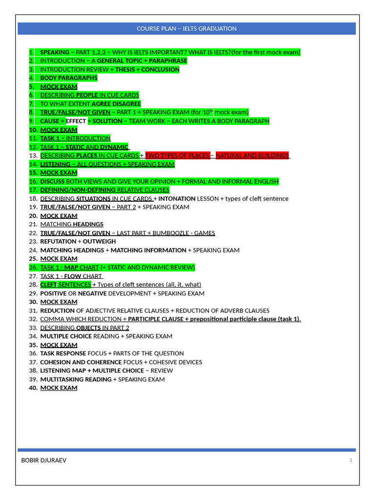 IELTS Exam Preparation Course Plan | PDF | Essays | Clause