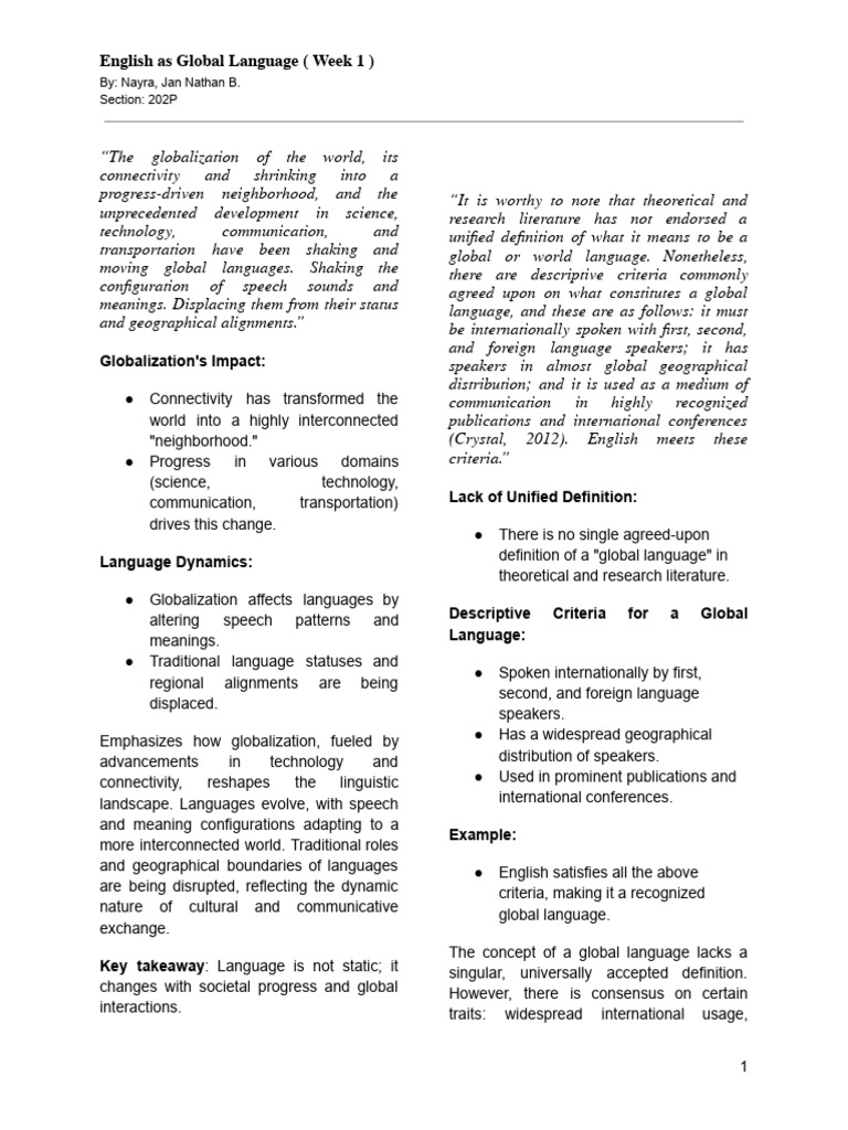 English As Global Language (Week 1) | PDF | Communication | English ...