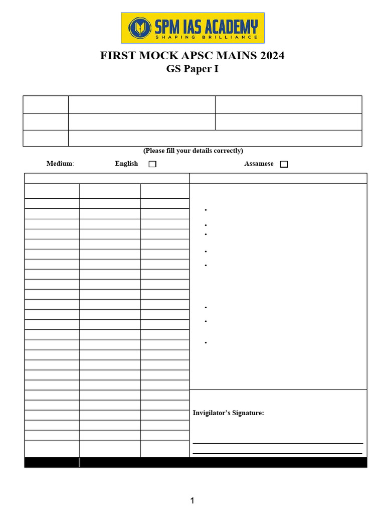 First Mock Apsc Mains 2024 Gs Paper 1 12 | PDF
