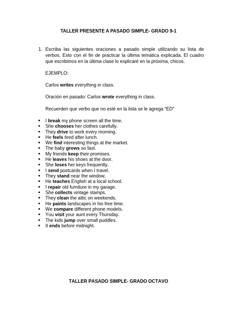 Taller Presente A Pasado Simple | PDF
