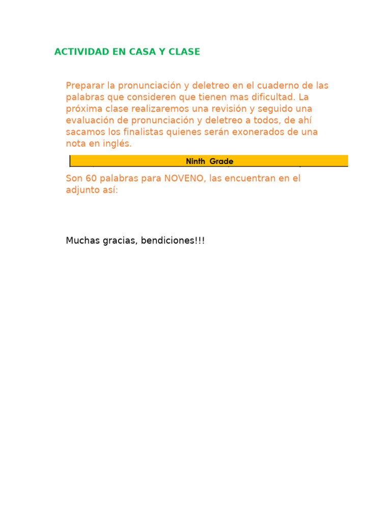 Actividad en Casa y Clase Spelling 9no | PDF