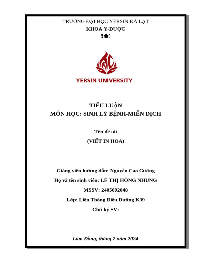 MẪU TIỂU LUẬN Môn Sinh Lý Bệnh Miễn Dịch - 2025 | PDF