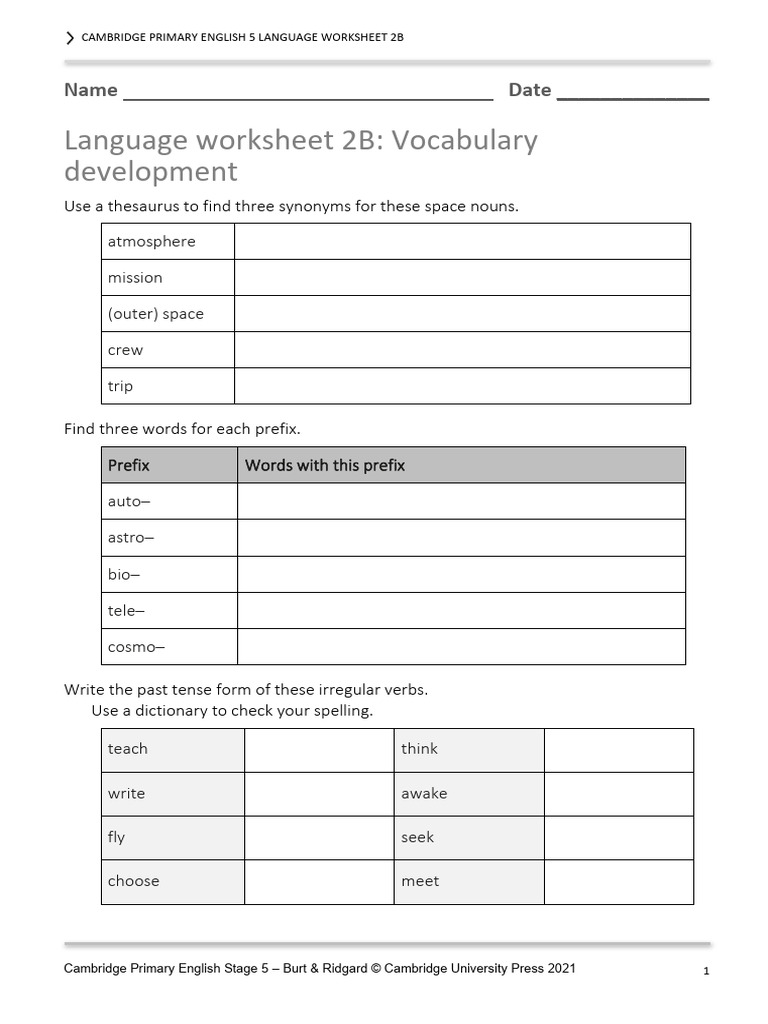 Language Worksheet 2B: Vocabulary Development: Name Date | PDF