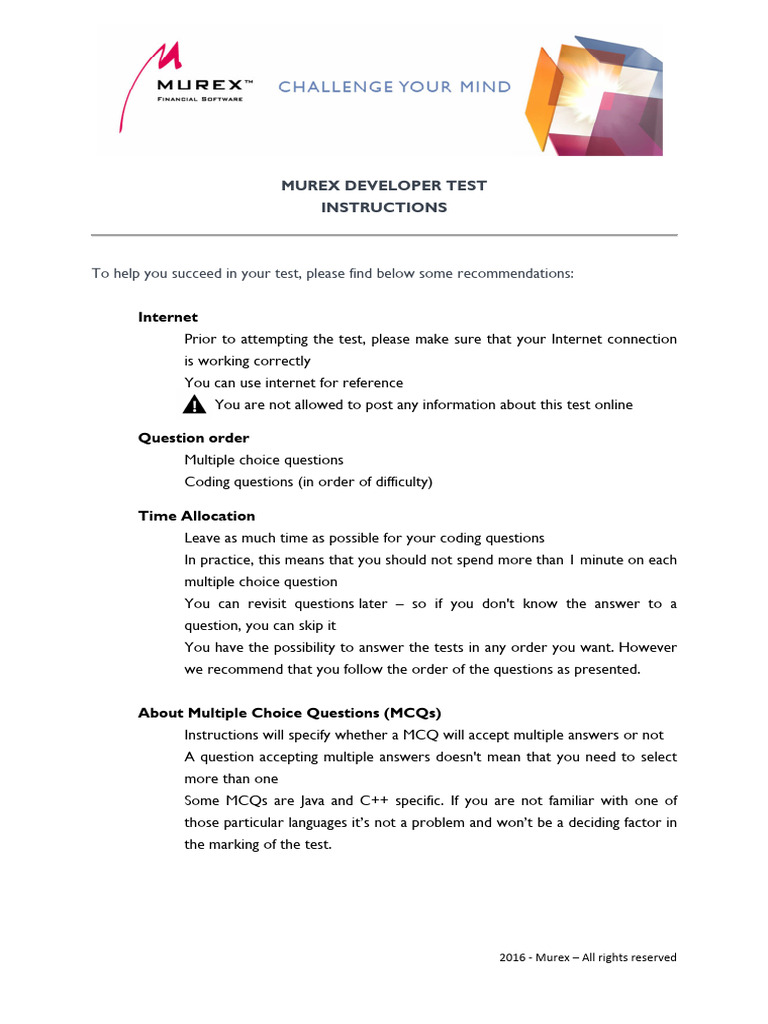 Test Instructions Hackerrank Murex Developer Test V2 Pdf