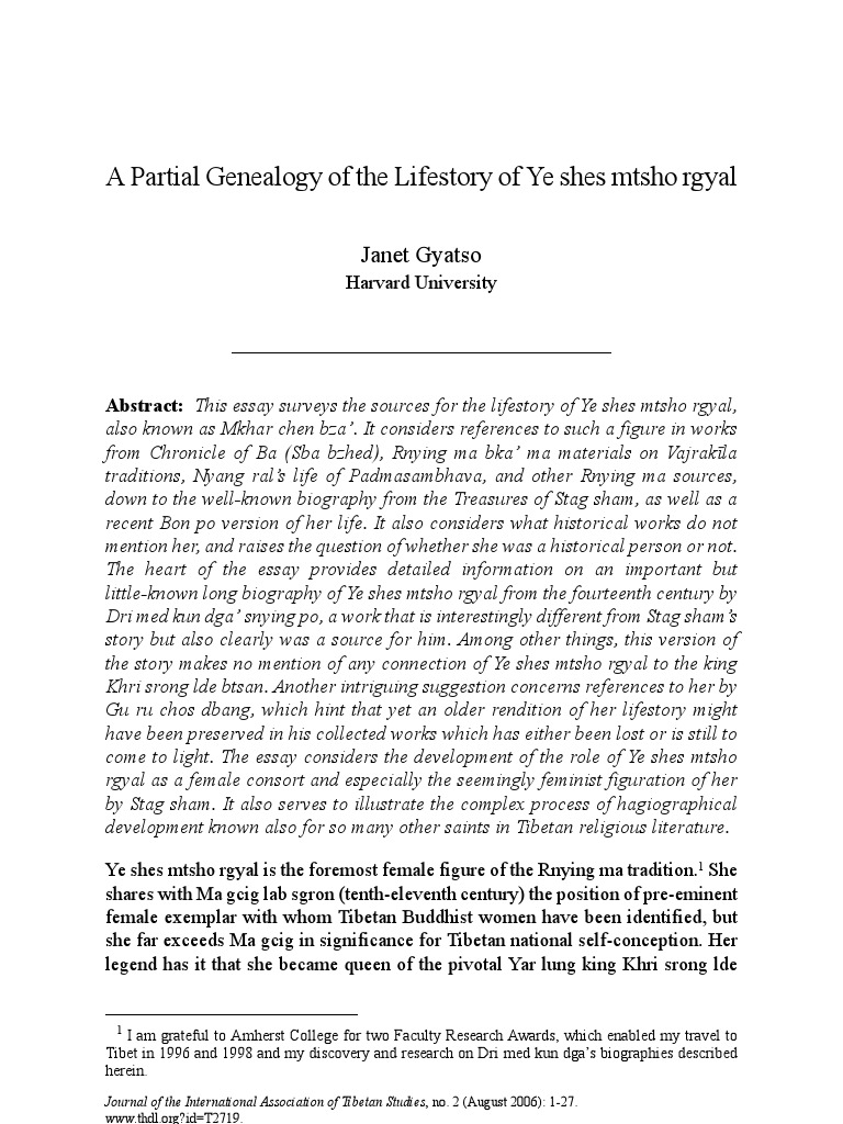 A Partial Geneaology of The Lifestory of Yeshe Tsogyal by Janet Gyatso ...