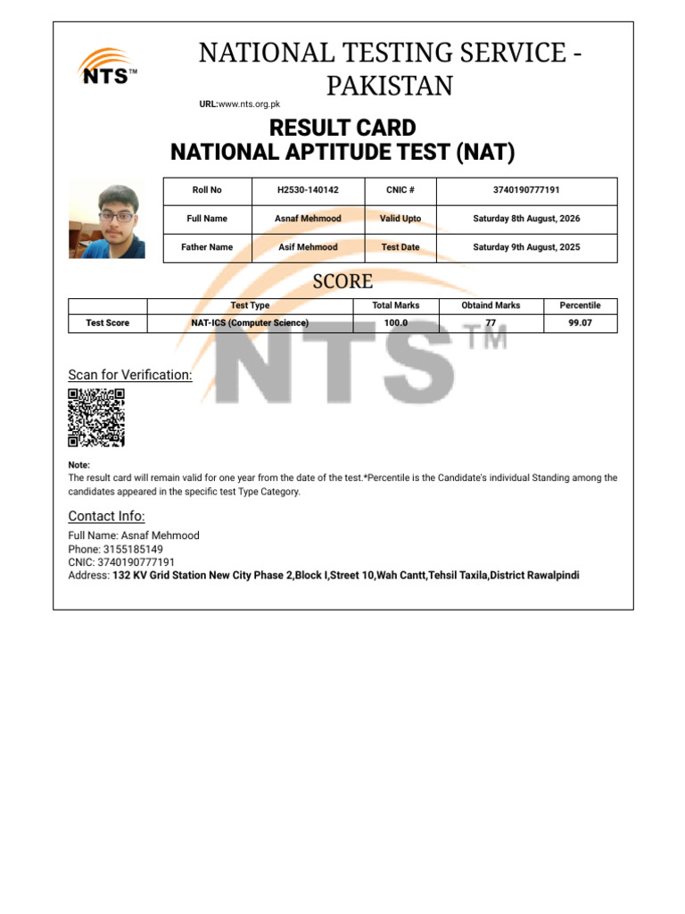 NTS - (NAT) Result Card | PDF