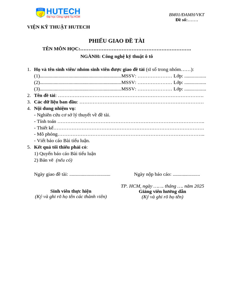 Phieu Giao de Tai Bai Tieu Luan - Hoten - Tenlop | PDF