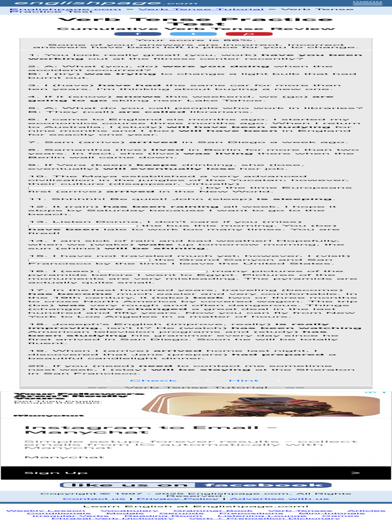 Verb Tense Practice Test Results | PDF | Linguistics | Syntax