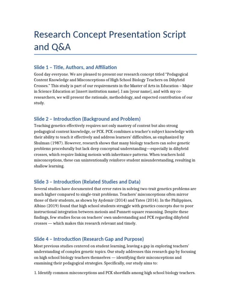 Research Concept Presentation Script and QA | PDF | Methodology | Teachers